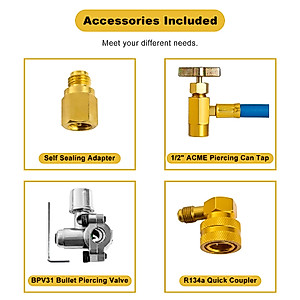 Belleone R134a Refrigerant Recharge Kit with BPV31 Bullet Piercing Valve and R134a Quick Coupler, R134a/R-12/R-22 Freon Refrigerant Hose Can Tap Kit for A/C System - Easy to use