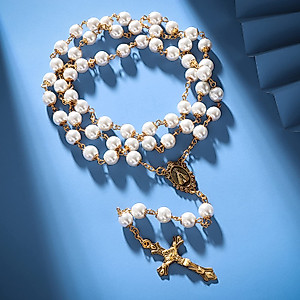 Catholic Gold Rosary, Pearl Beads Prayer Rosary Necklace, Gold Plated Beaded Rosary for Women