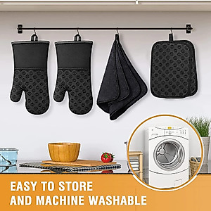 Oven Mitts and Pot Holders Set: 500℉ Heat Resistant Oven Gloves with Ovenmitts Hotpads and Kitchen Towels - Extra Long Kitchen Mittens and Potholders with Non-Slip Silicone Surface Safe for Cooking