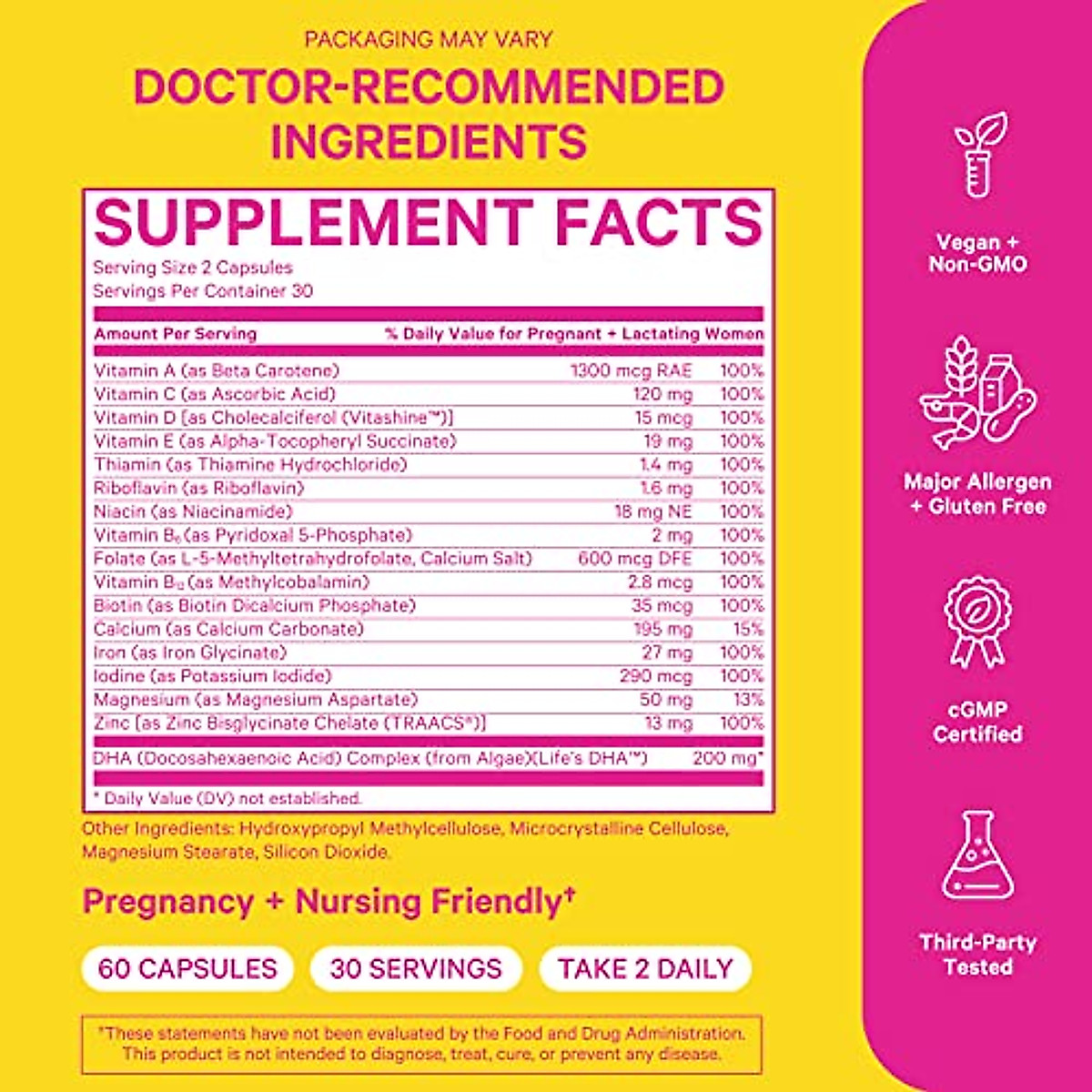 Pink Stork Total Prenatal Vitamin with DHA & Folate: Doctor-Formulated Prenatal Vitamins, Multivitamin with Iron, Vitamin B6 & B12, Vitamin D, Pregnancy Must Haves, Women-Owned, 60 Vegetarian Caps