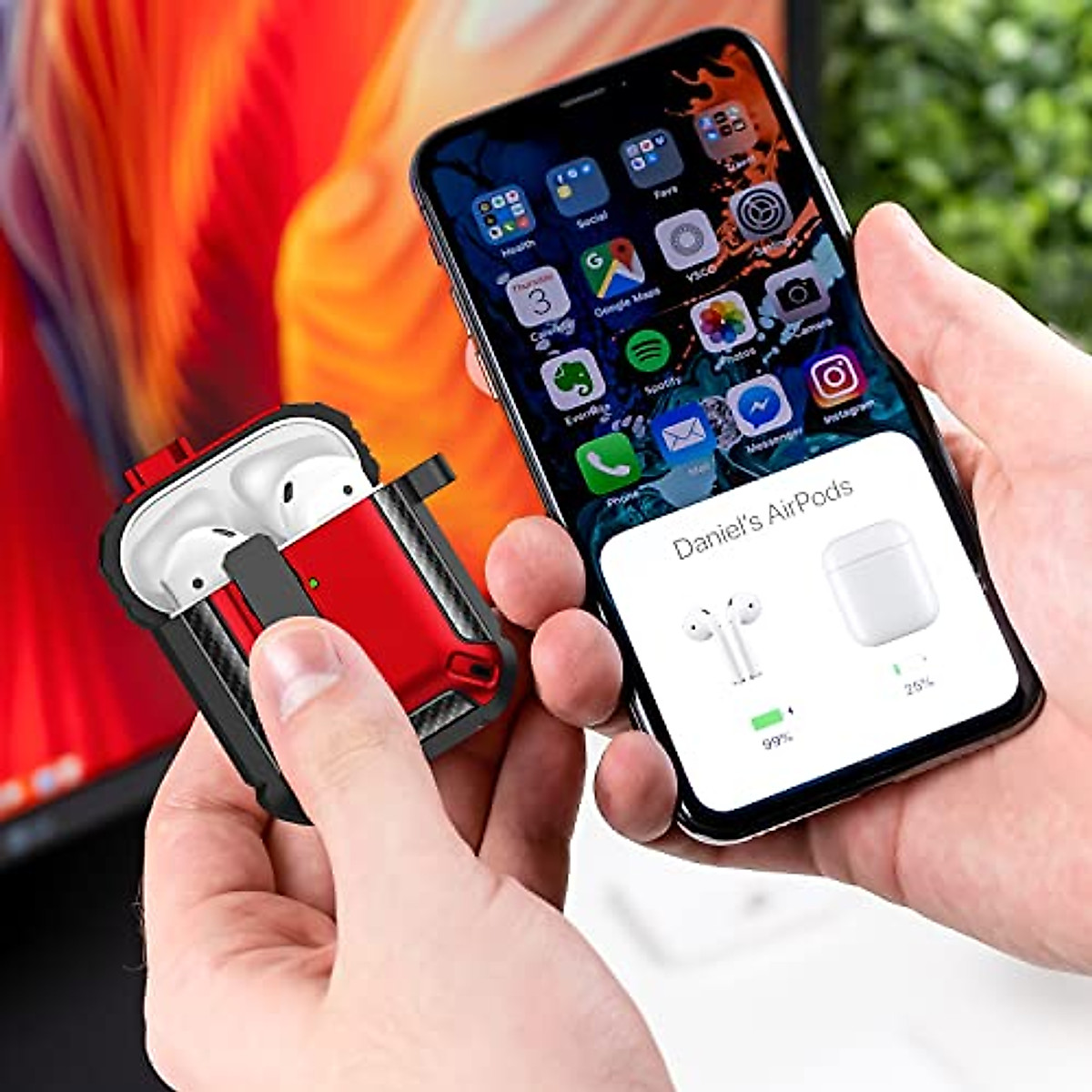 ACAGET for Airpods Case, Airpods 2nd Generation Case Cover with Keychain, Secure Lock Full Body Protective Rugged Shockproof Hard Shell Armor Case for AirPods 1 & 2 Supports Wireless Charge Black/Red