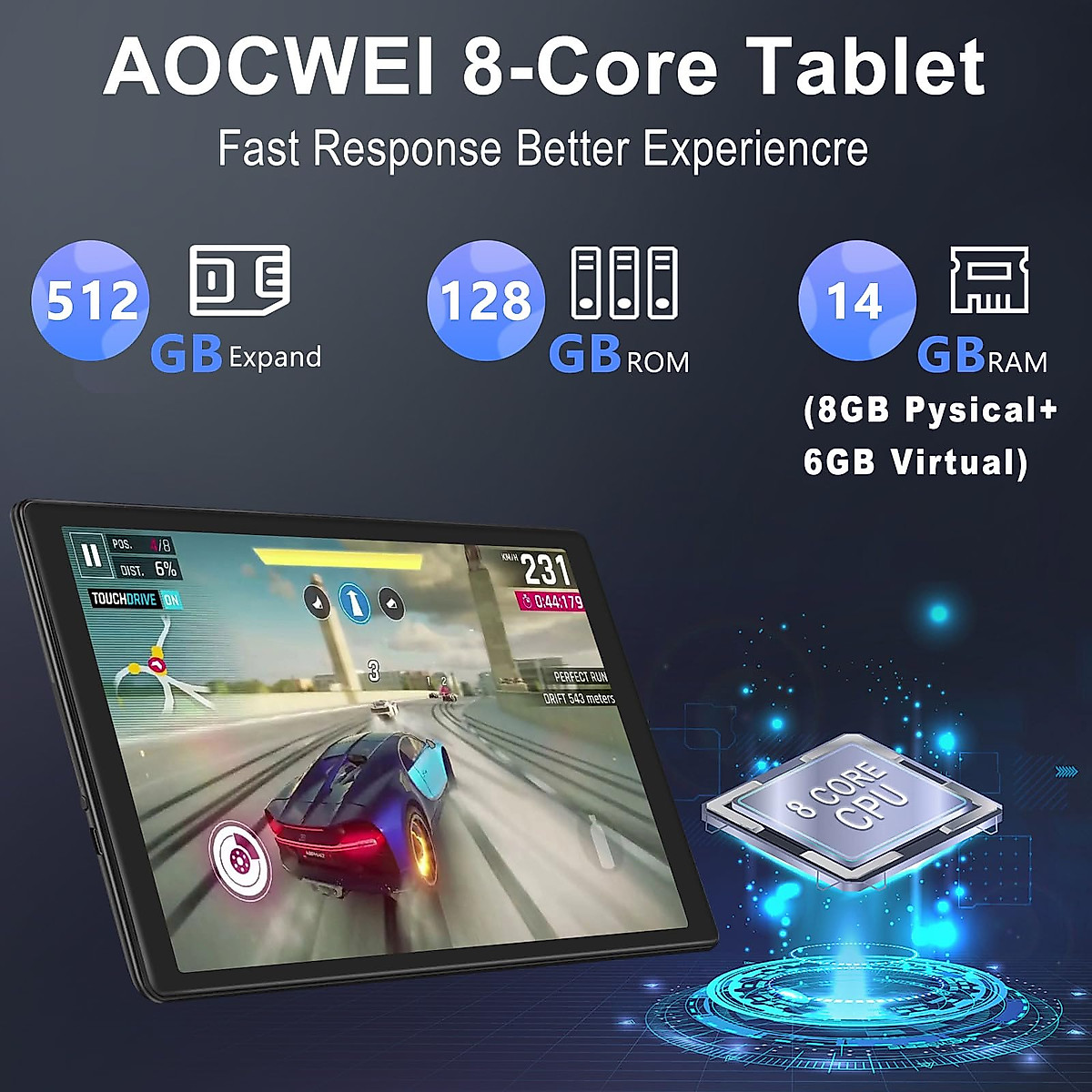 2024 Tablet 10 inch Android 13 Tablets with Octa-Core, 14GB RAM 128GB ROM, 8000mAh Battery, Drop-Proof Case, TF 512GB, HD IPS Touchscreen, 5G/2.4G WiFi, Bluetooth 5.0, GPS, Split Screen Support -Black