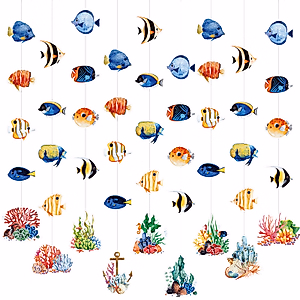 Hotop 9 Pcs Tropical Fish Party Banners Under The Sea Party Supplies Ocean Garland Kit Fish Ceiling Hanging Swirl Hawaiian Luau Decor Tropical Fish Paper Cutouts for Birthday Party Favor Supplies