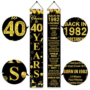 40th Birthday Door Banner Decorations for Women Men, 2Pcs Black Gold Cheers to 40 Years Back in 1982 Backdrop Party Supplies, Happy 40 Year Old Birthday Door Porch Decor Sign