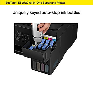 Epson EcoTank ET-2720 All-in-One Supertank Wireless Color Inkjet Printer for Home Office, Black - Print Scan Copy - 10.5 ppm, 5760 x 1440 dpi, Voice Activated, Borderless Photo Printing, Ethernet