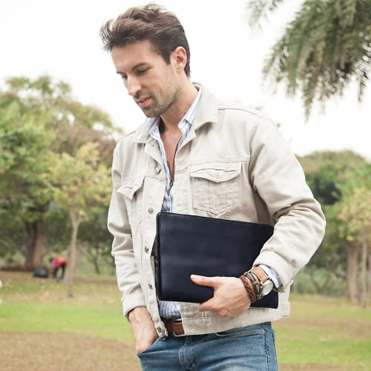 CataPurus Top Grain Leather 13.3" Slim Laptop Folio Case Protector, Vintage Open Style, Fully Handmade, Compatible with MacBook Pro 13.3" MacBook Air M1/M2 ZENBOOK 13.3" & Other PC, Black 13.3 Inch