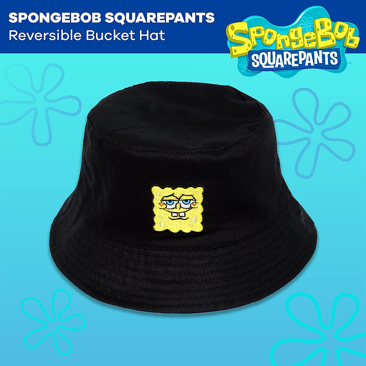 Spongebob Squarepants Bucket Hat, Packable Travel Hat, Reversible Wide Brim Summer Cap, Black and Yellow, One Size