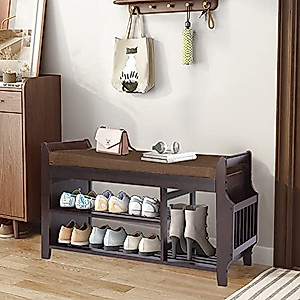 Bamboo Shoe Bench Entryway with Storage,FURFIMU Entryway Bench, Bench with Storage Basket,Bamboo Bench Removable Brown Cushion,2-Tier Entryway Shoe Storage with Umbrella Stand,Living Room or Hallway-L