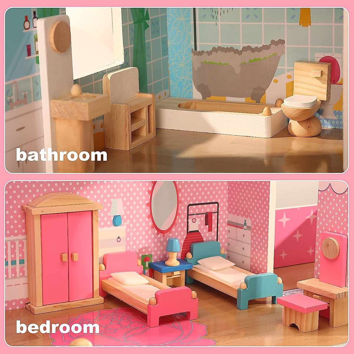 Dollhouse Furniture Wooden Doll House Furnisher 5 Set and 7 Family Dolls, Doll Wood Accessories and Furnishings for 1:12 Scale Miniature Dollhouse, Family Figures Pretend Play Toy