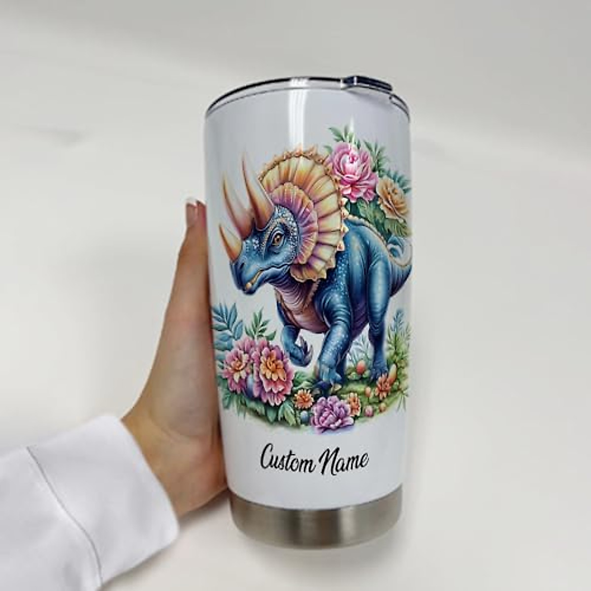 Triceratops Gifts, Personalized Tumbler with Triceratops Dinosaur Animal’s Name – Custom Cup for DinoSaur Lovers, Gift for Women, Men, Gift for Birthdays & Christmas, 20oz Steel Coffee Cup PfrxGT
