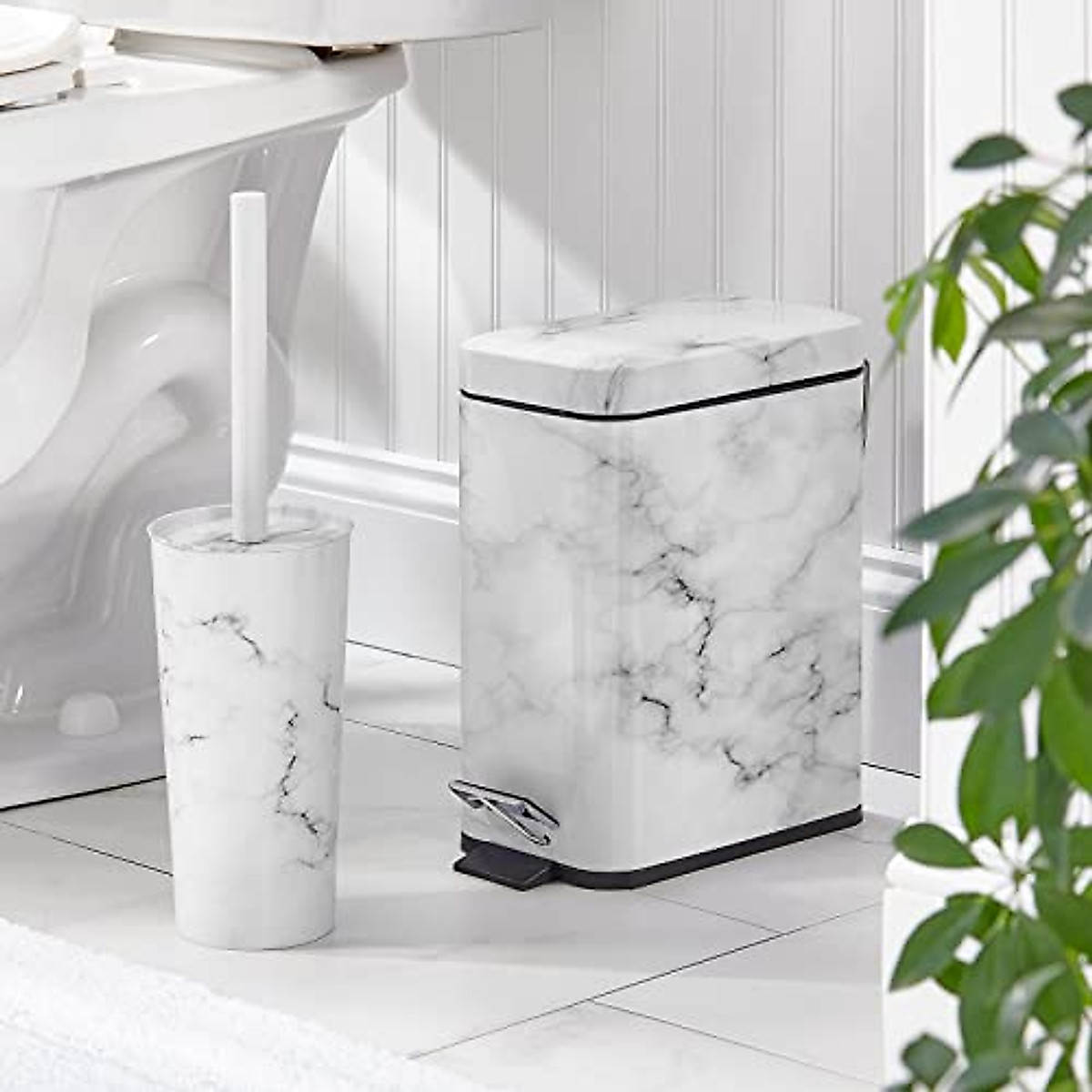 mDesign Metal Freestanding Slim Toilet Bowl Brush and Holder + Rectangle Narrow 5 Liter / 1.3 Gallon Step Pedal Trash Can Wastebasket for Bathroom - Small, Compact Design - Set of 2 - White Marble