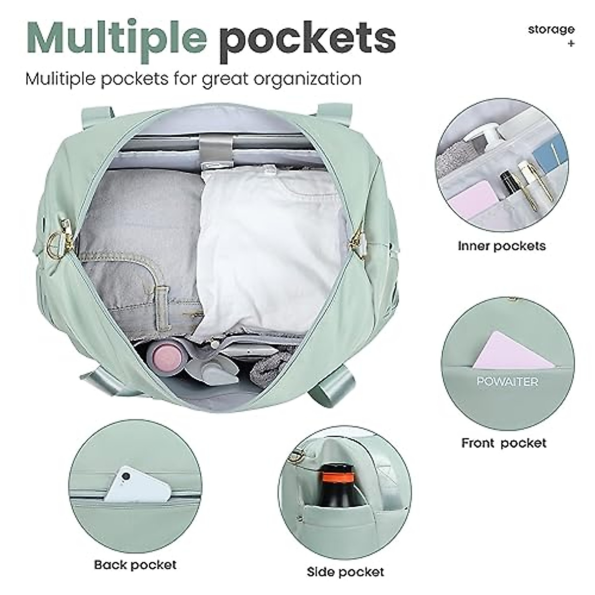 Weekender Bag with Shoe Compartment, Gym Bag for Women with Wet Pocket, Large Travel Bag with USB Charging Port for Travel and Gym-Green