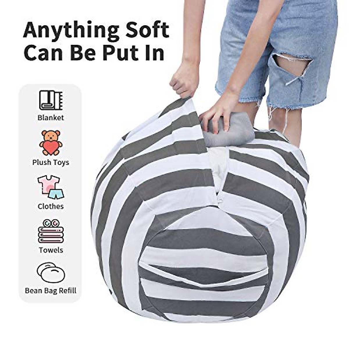 Miaowater 2 PCS Stuffed Animal Storage Bean Bag Chair Cover, Cotton Canvas Beanbag with Zipper for Organizing Kid's and Adults Room Grey 24"