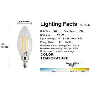 OPALRAY LED Candelabra LOW Voltage Bulb, DC/AC 12V Input, 2W 200Lm, Dimmable, Warm White Light, E12 Small Base, Clear Glass Torpedo Tip, 25W Incandescent Equivalent, DC 12V - 24V Lighting, Pack of 5