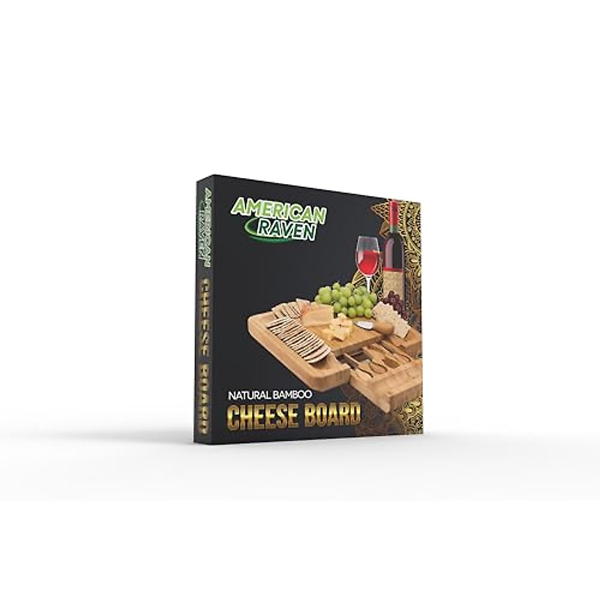 Organic Bamboo Cheese Charcuterie Cutting Board with Cutlery & Knife Set, Includes 4 Stainless Steel Serving Utensils, Wooden Serving Tray for Meat Platter, Fruit & Crackers