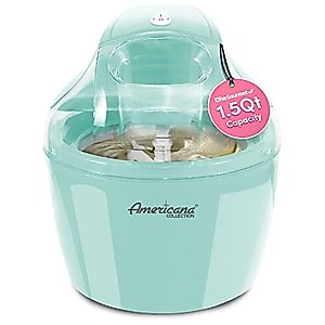 Americana EIM-1400M 1.5 Qt Freezer Bowl Automatic Easy Homemade Electric Ice Cream Maker, Ingredient Chute, On/Off Switch, No Salt Needed, Creamy Ice Cream, Gelato, Frozen Yogurt, Sorbet, Recipe Book