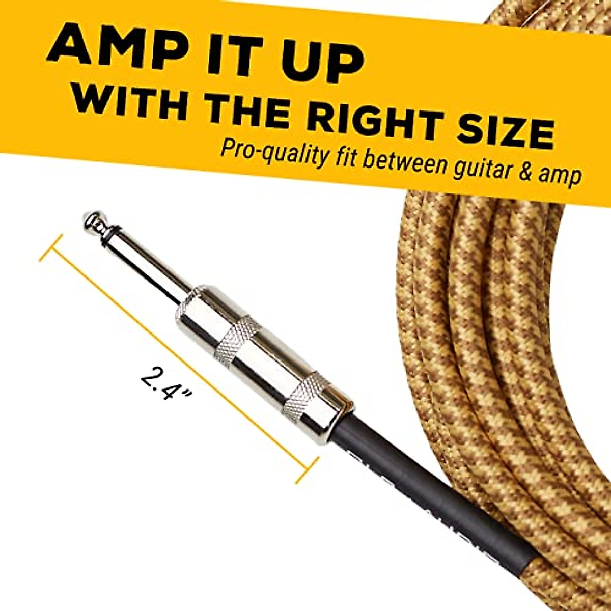 GLS Audio Instrument Cable - 1/4 Inch TS to 1/4 Inch Instrument Cable for Bass/Electric Guitar- Brown/Yellow Braided Tweed, 15ft