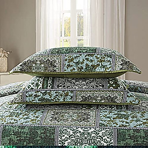 NEWLAKE Cotton Bedspread Quilt Sets-Reversible Patchwork Coverlet Set, Green Classic Bohemian Pattern,Queen Size