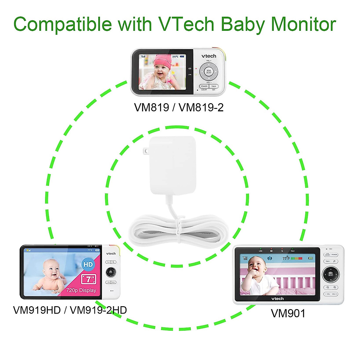 Power Cord for VTech VM901 VM919HD VM919-2HD VM819 VM819-2 PU Baby Monitor Handheld Screen Parent Unit (Not for Baby Unit Cam) Replacement 5V White Charger UL Aadpter with 5ft Cable - LEFXMOPHY