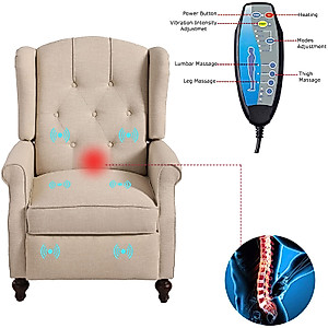 VUYUYU Wingback Recliner Chair, Push Back Arm Chair with Heat and Massage, Tufted Single Sofa for Home, Living Room, Office, Bedroom (Beige)