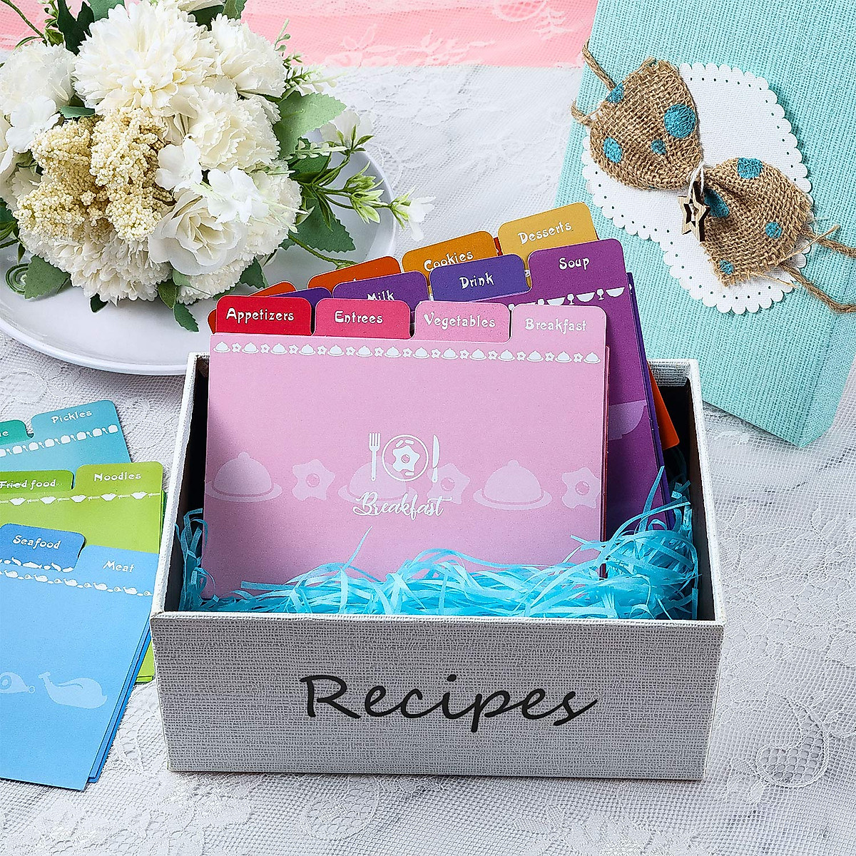 Outus 36 Pieces Recipe Card Dividers Tabs Include 24 Labelled and 12 Blank Tabs 60 Adhesive Labels Fit 4 x 6 Inch Cards for Recipe Box Organize (Bright Style)