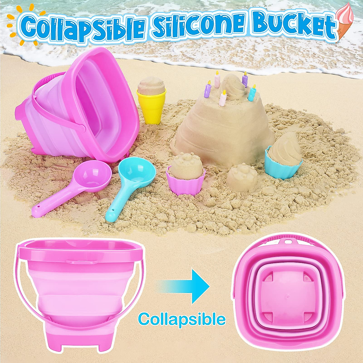 TSDATOWR Ice Cream Beach Toys Sand Toys Set for Kids, Collapsible Sand Bucket and Shovels Set with Mesh Bag, Sand Molds, Watering Can, Sandbox Toys for Kids and Toddlers, Travel Sand Toys for Beach