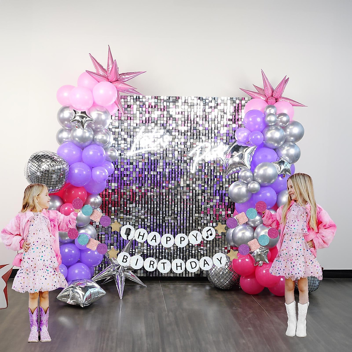 Pink purple silver music fans Balloon garland arch kit 140pcs disco ball Star mylar balloon & singer friendship Bracelets Shape Banner for girl sweet16 birthday Concert theme prom decorations