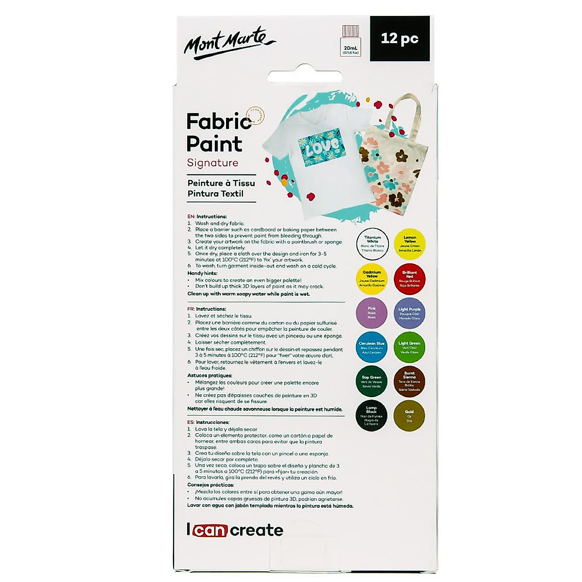 Mont Marte Signature Fabric Paint, 12pc x 0.7oz (20ml), Suitable for DIY Fashion and Homewares