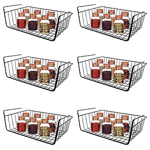 HOMOKUS Under Shelf Baskets for Storage, Under Shelf Wire Basket Carbon Steel Basket Under Cabinet Shelf, Welding Joints, Baking Finish, Easy to Install without Holes, 6 PCS, Black