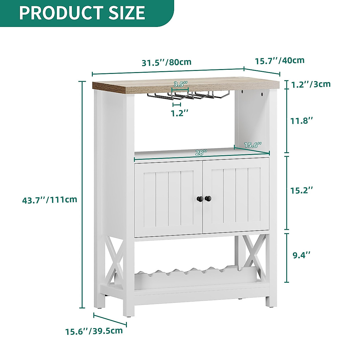 YITAHOME Sideboard Buffet Cabinet with Light, 31.5'' Farmhouse Coffee Bar Cabinets with Storage, Wine Bar Cabinet for Home with Wine Rack and Glass Holder (White Oak)