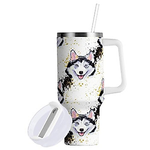 RPLIFE Watercolor Kawaii Husky Dog Tumbler with Handle, Stainless Steel Coffee Mug, Tumbler with Straw
