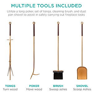 Best Choice Products 5-Piece Modern Contemporary Fireplace Tool Set for Indoor Fireplace Décor, Outdoor Fire Pit w/Poker, Tongs, Dust Pan Shovel, Brush, Ergonomic Handles - Antique Gold
