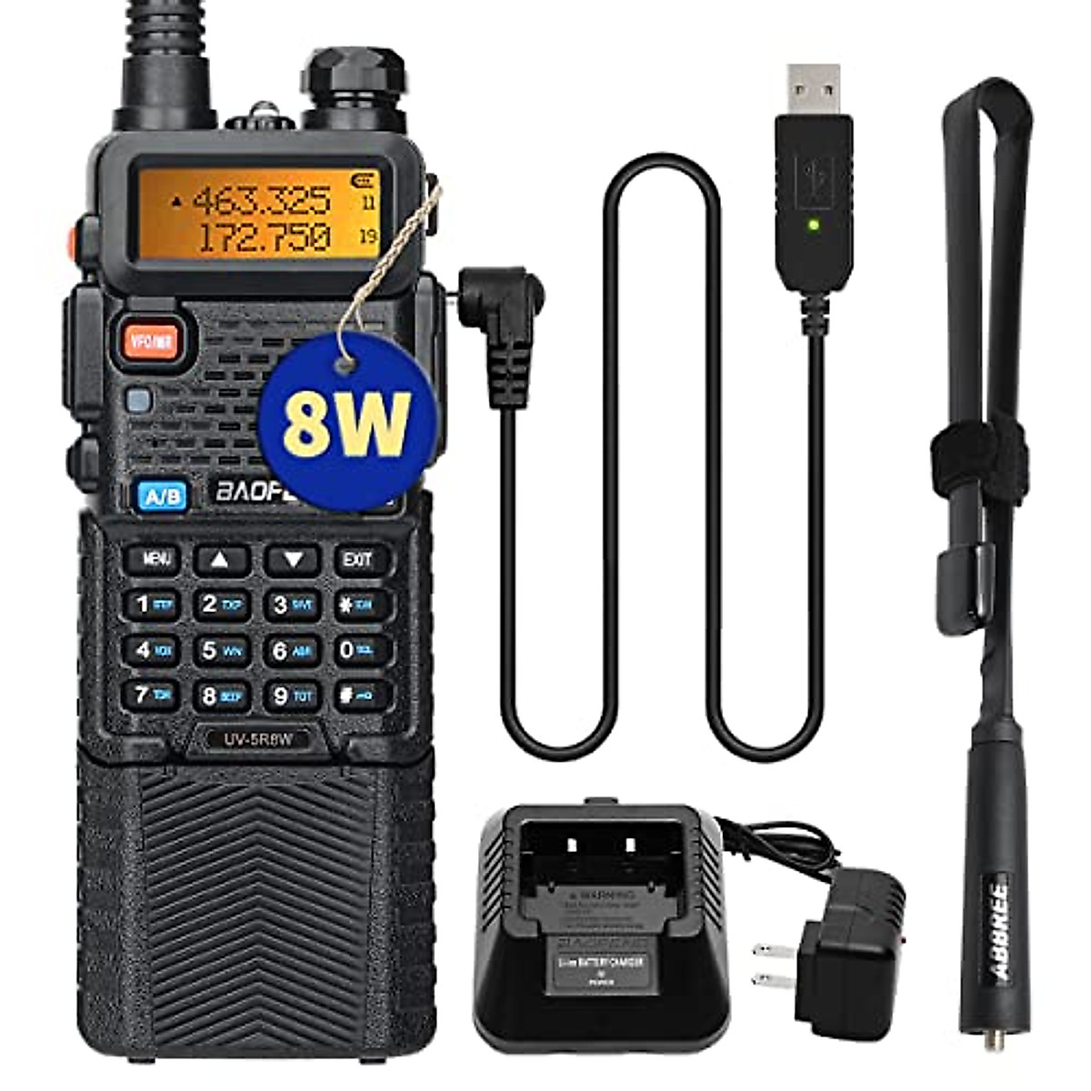 BaoFeng UV-5R 8W High Power Portable Two-Way Radio 3800mAh Battery with 18.8inch ABBREE Tactical Antenna USB Charger Cable