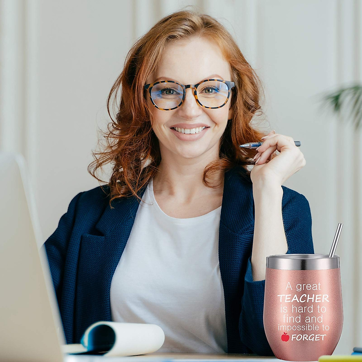 Patelai 4 Pcs Teacher Appreciation Gift Back to School Gift Personalized Thank You Teacher Coffee Mug Birthday Christmas Gifts for Women Men, 12 oz Wine Tumbler with Straws and Brushes (Rose Gold)