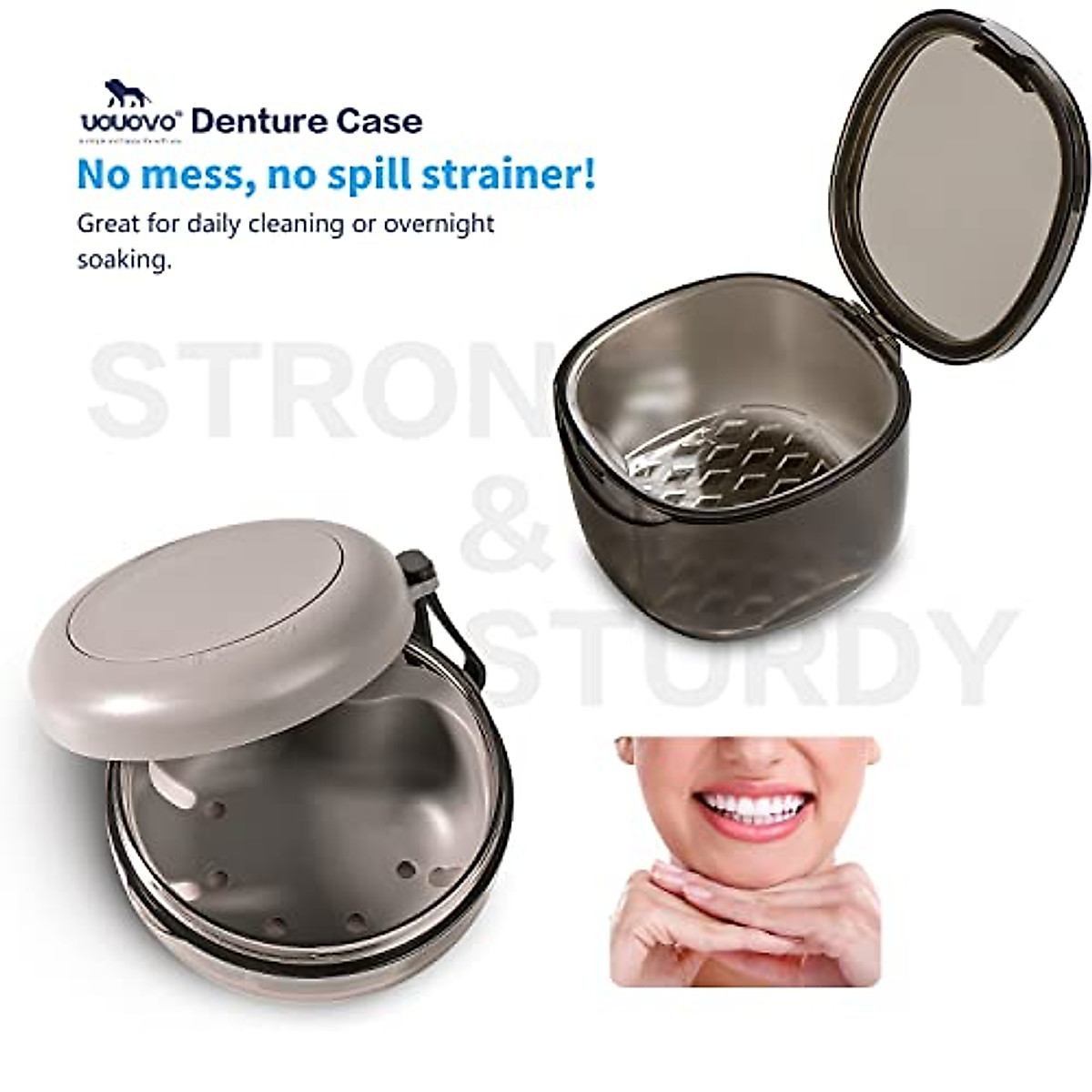 Denture Case Kit - 2 Pack - Definitely No-Leak Denture Bath Case for Home and Travel Kits Denture Cup with Strainer & Magnetic Mirror,Completely Clean Care for Retainer, Mouth Guard, & Denture (Grey)