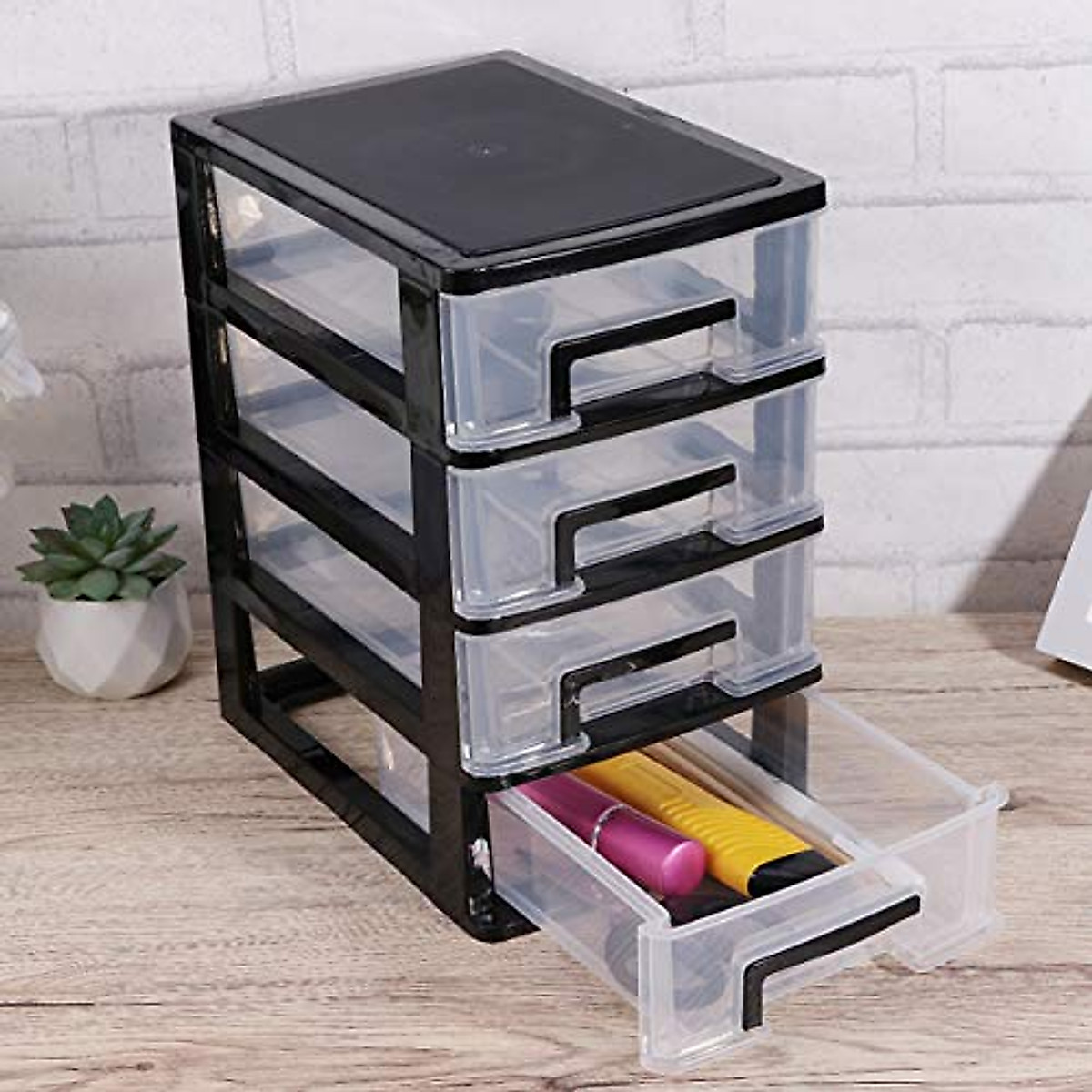EXCEART Plastic Drawers Drawer Storage Four Layer Plastic Drawer Organizer Shelf Storage Rack Storage Box for Office Bedroom Kitchen Countertop (Black and Transparent) Plastic Drawers Organizer