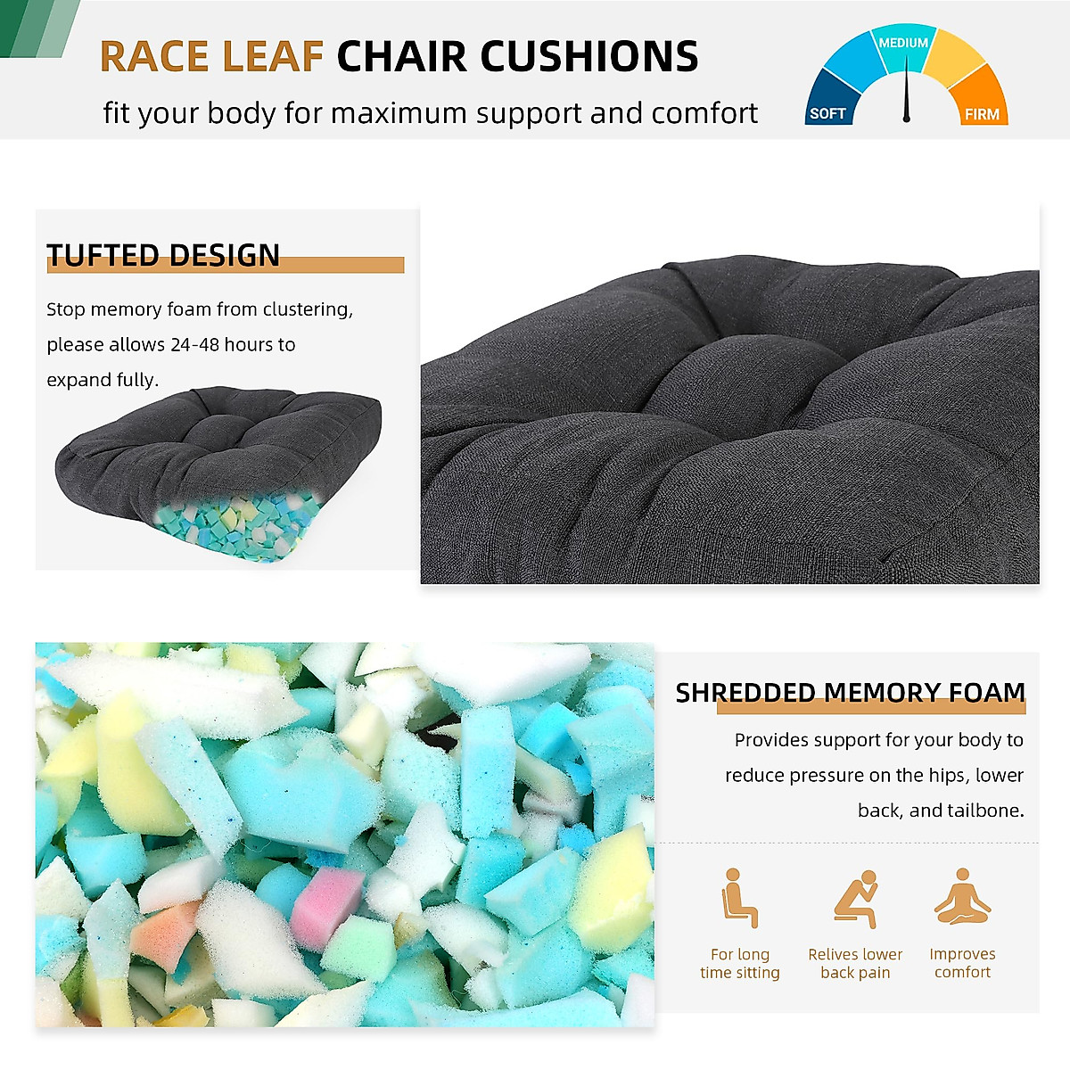 RACE LEAF 17" x 17" Patio Chair Cushions Gray - Outdoor/Indoor Tufted Memory Foam Chair Pads Set of 2, Water-Resistant Olefin Chair Seat Cushion Non-Slip Backing
