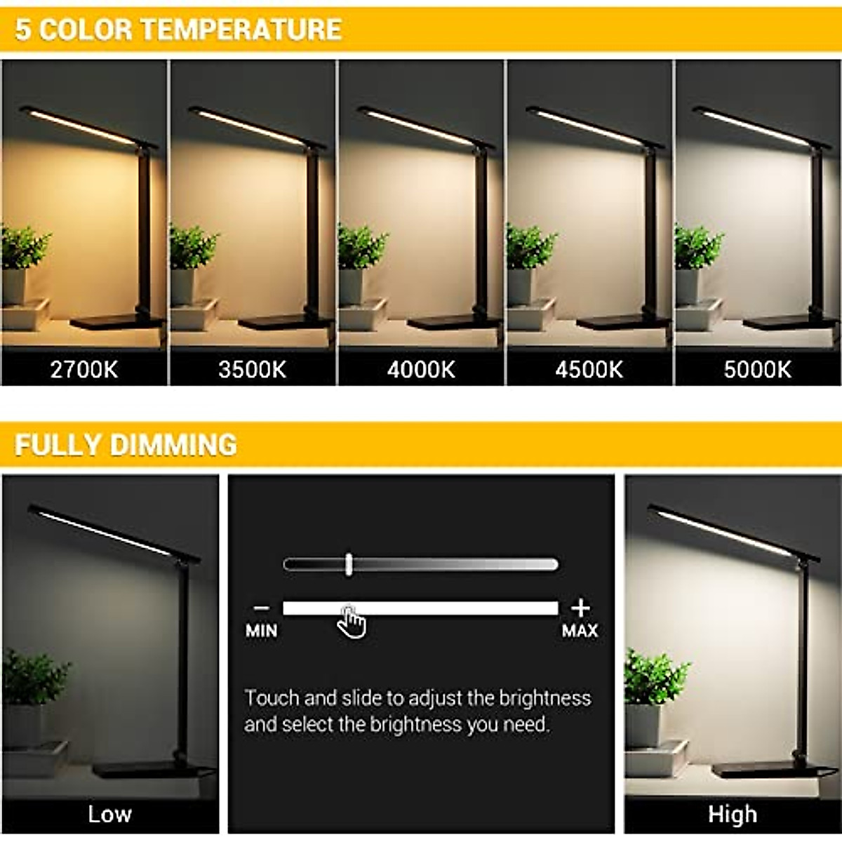 LED Desk Lamp for Home Office, 3 Levels Dimmable Desk Light with USB Charging Port, Small Study Lamp, Reading Light for Table, Deep Black, 5000K
