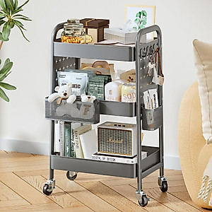 3 Tier Rolling Utility Cart - Metal White Cart Organizer with Wheels, Book Cart with DIY Dual Pegboards, Removable Baskets Hooks