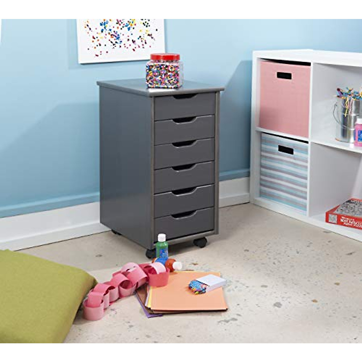 Linon Home Decor Products Corinne Six Drawer Storage, Grey Rolling Cart