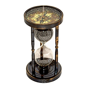 Hassanhandicrafts Antique Brass & Glass Black Sand Timer Hourglass Nautical Maritime SandTimer Compass on Both Side CompassCollectible, Shelf Desk Decor