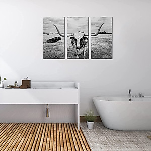 VividHome Texas Longhorn Bull Picture Cow Wall Decor Animal Canvas Print Black and White Farmhouse Wall Art for Living Room 32x48inch