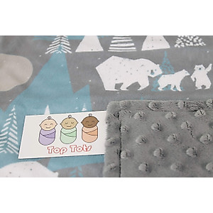 Top Tots Deluxe Baby Blanket - White Bear and Trees, Minky Dot, Grey