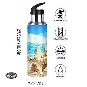 Oarencol Starfish Beach Sandy Water Bottle Ocean Sky Stainless Steel Vacuum Insulated Thermos with Straw Lid 20 Oz