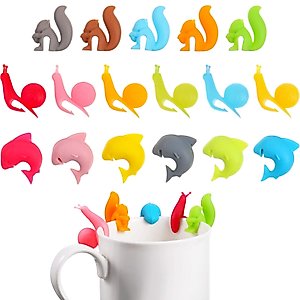 Boao 36 Pieces Tea Bag Holders Silicone Cute Tea Bag Hanger Colorful Animal Shaped for Cup and Mug Markers, Snail Squirrel Shark Shapes
