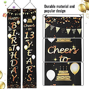 2 Pieces Happy 13th Birthday Door Banner Backdrop Decoration Cheers to 13th Birthday Black & Gold Hanging Porch Sign Happy Birthday Home Door Banner 13th Birthday Party Supplies, 71 x 12 Inch