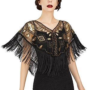 SWEETV Women's 1920s Shawl Wraps,Sequin Beaded Flapper Evening Shawls for women Formal/Party/Wedding/Formal/Harlem night,Flapper Accessories for Women,Black Gold