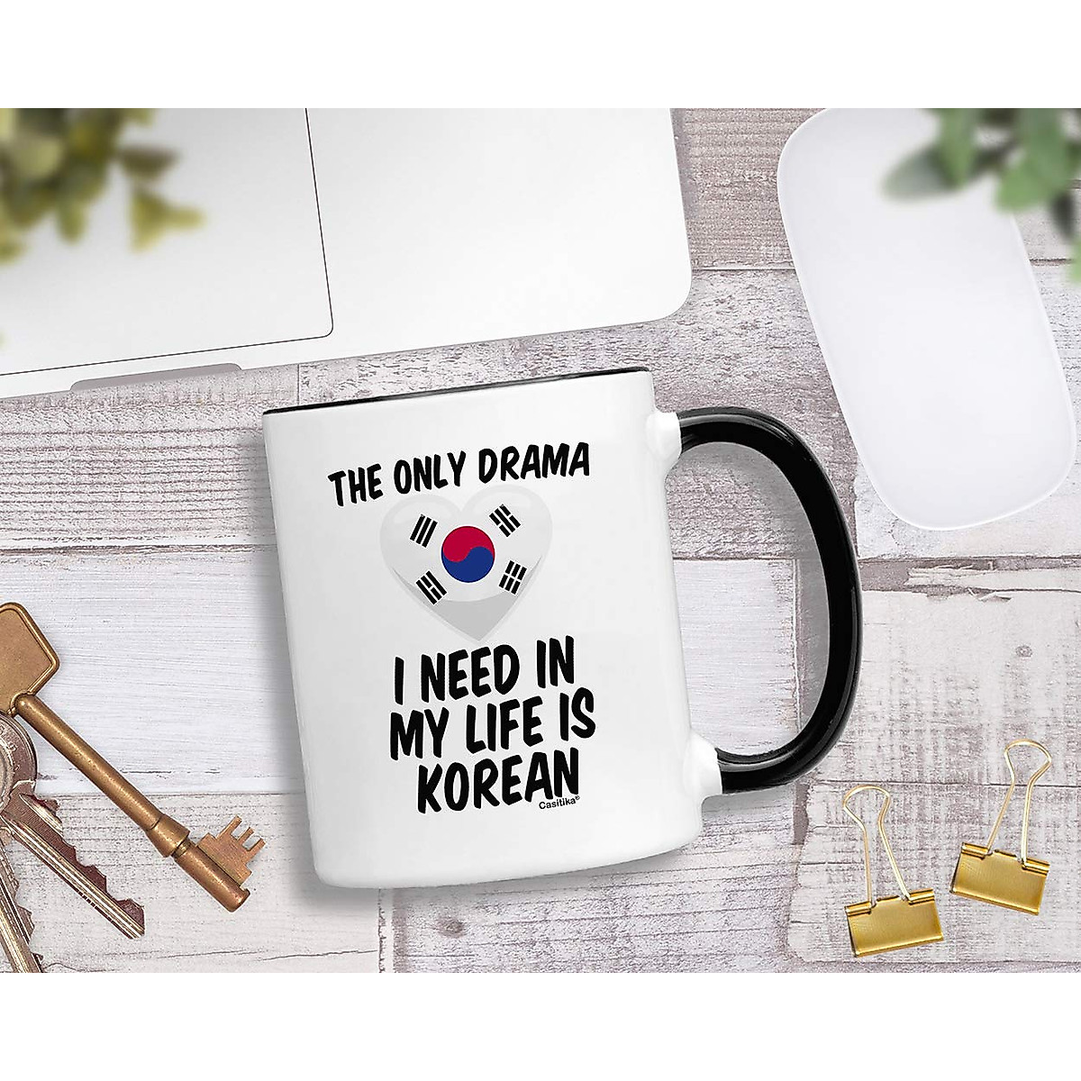 Casitika Kdrama Mugs. 11 oz Korean Coffee Mug. The Only Drama I Need In My Life Is Korean. (11 oz Black Handle/Rim)