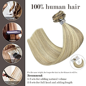 Honsoo Clip in Hair Extensions Real Human Hair, Balayage Hair Extensions Mixed Bleach Blonde 12inch 70g 7pcs Straight Silky Blonde Hair Extensions Heat Safe Hair