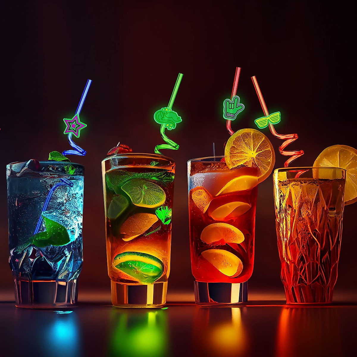 Gerrii 24 Pcs Glow in the Dark Party Favors Crazy Straw with 24 Luminous Toppers Reusable Twisty Straws Plastic Swirly Straws for Kids Neon Party Supplies Theme Birthday Drinking Decorations, 8 Styles